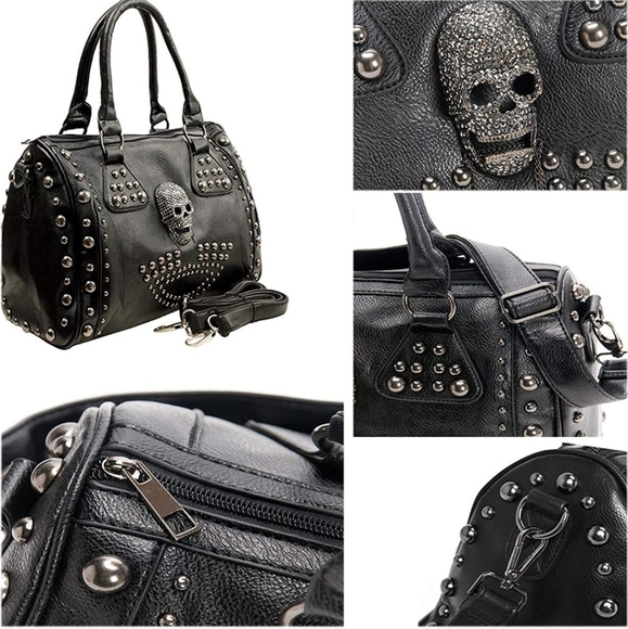 Bags | Black Skull Handbag Gothic Shoulder Bag With Studdedaccents ...